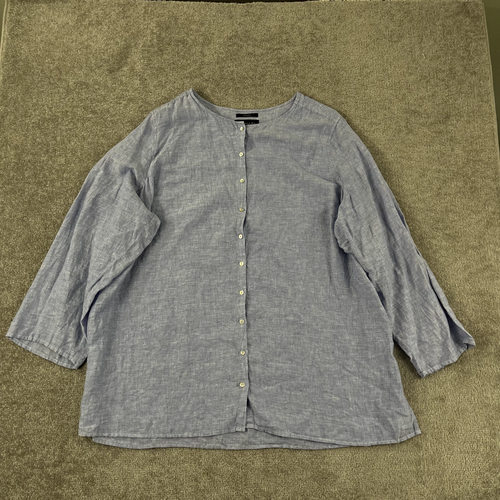 TAHARI Shirt Womens 3X Plus Blue Linen Button Up Tunic Top Lagenlook ...