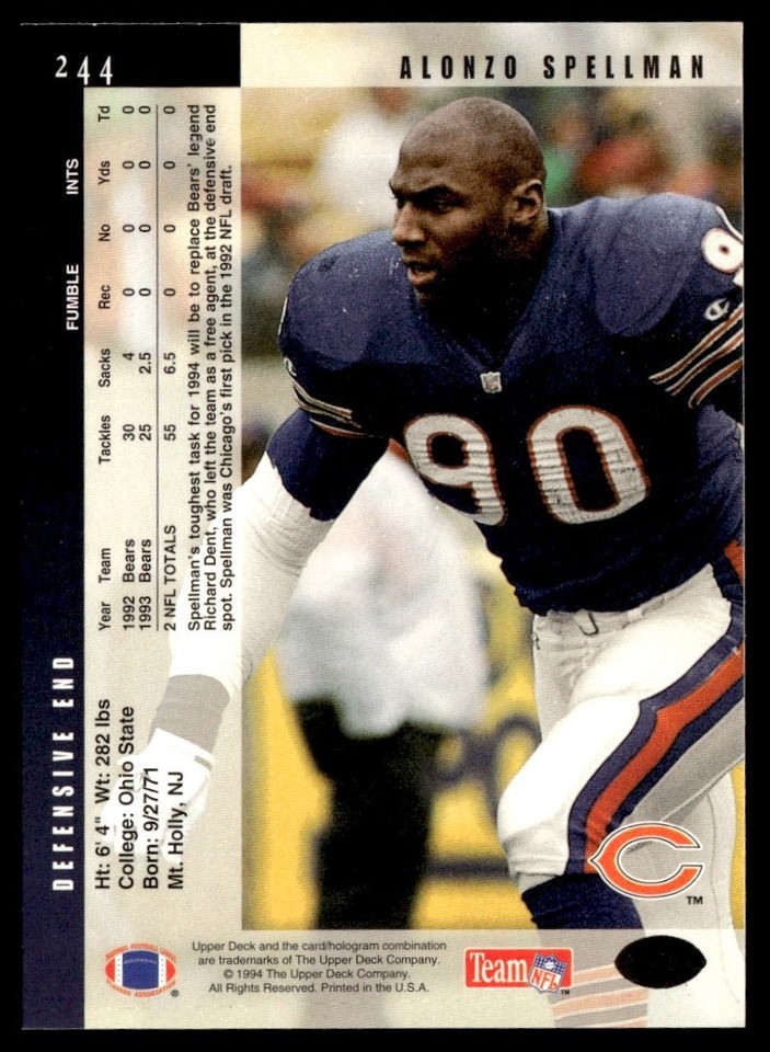 1994 Upper Deck Alonzo Spellman Chicago Bears #244 | eBay