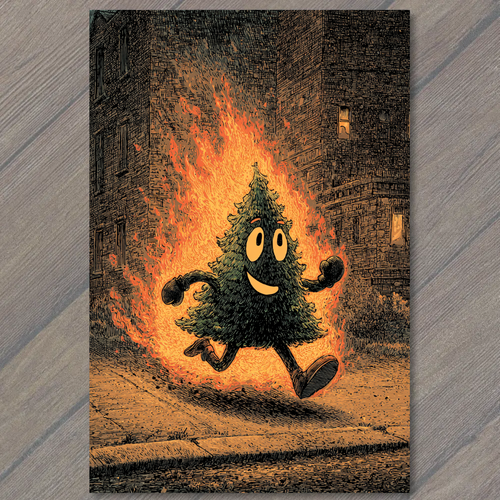 Art Print Cartoon Christmas Tree Fire Retro Funny Holiday Night City ...