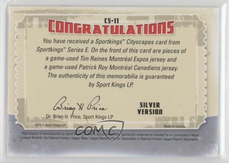 2012 Sportkings Series E Cityscapes Silver /30 Tim Raines Patrick Roy # ...