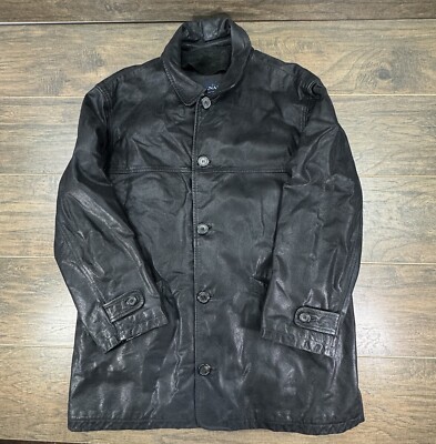 Canali Leather Jacket Mens 50 Black Wool Lined Button Up Trench Bomber ...