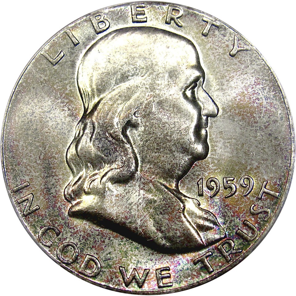 1959 50C PCGS / CAC MS65 (TYPE 2 REV) FRANKLIN ~ DELICATE RAINBOW ...