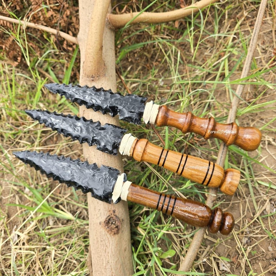 10" Large Black OBSIDIAN Arrowhead Dagger Knife Wood Handle HANDMADE ...