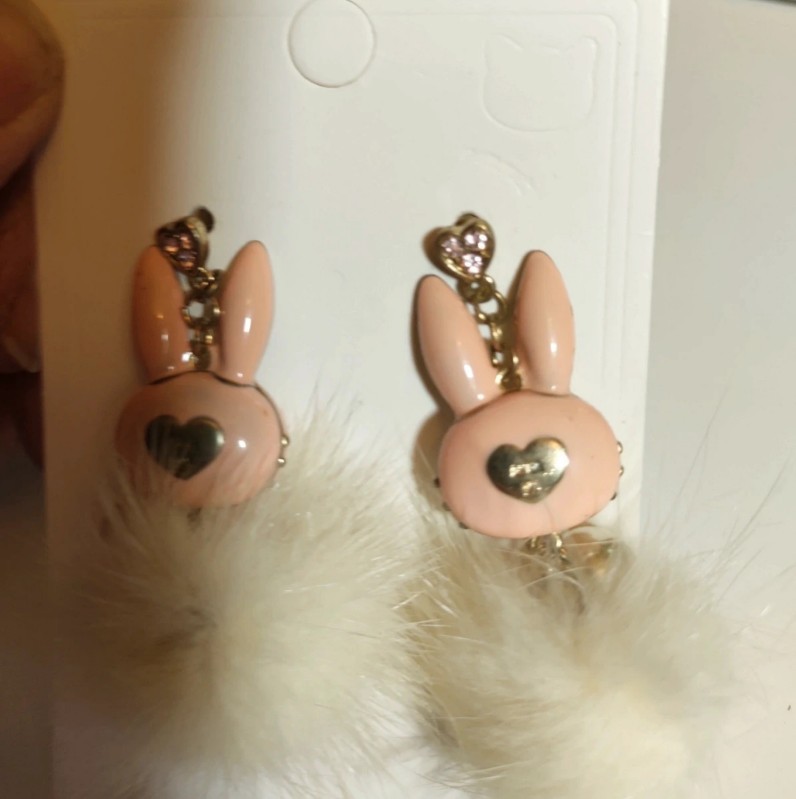 Pink Bunny Rabbit Fluffy Dangle Earrings By Designer Anna Sui Stamped ...