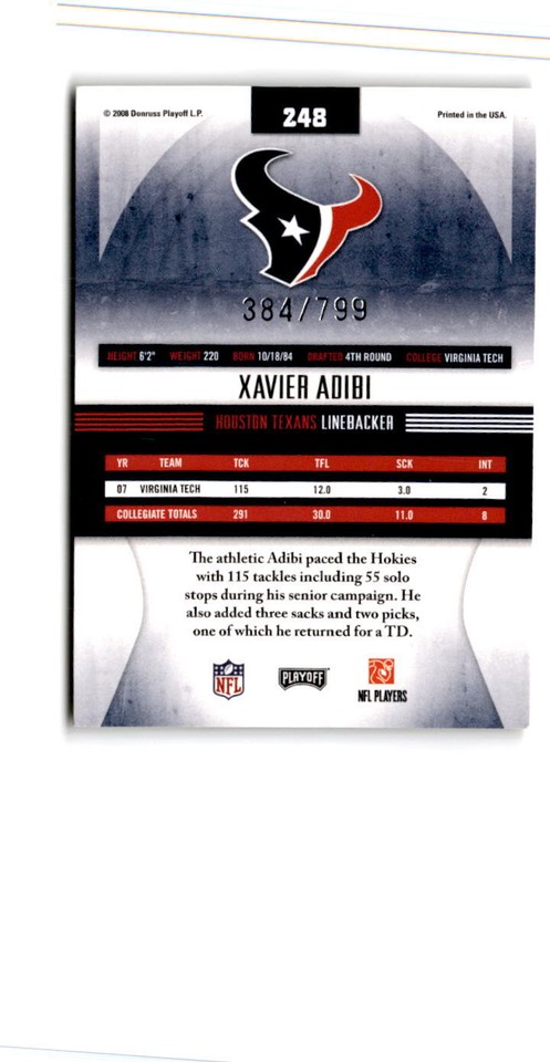 2008 Playoff Absolute Memorabilia #248 Xavier Adibi /799 | eBay