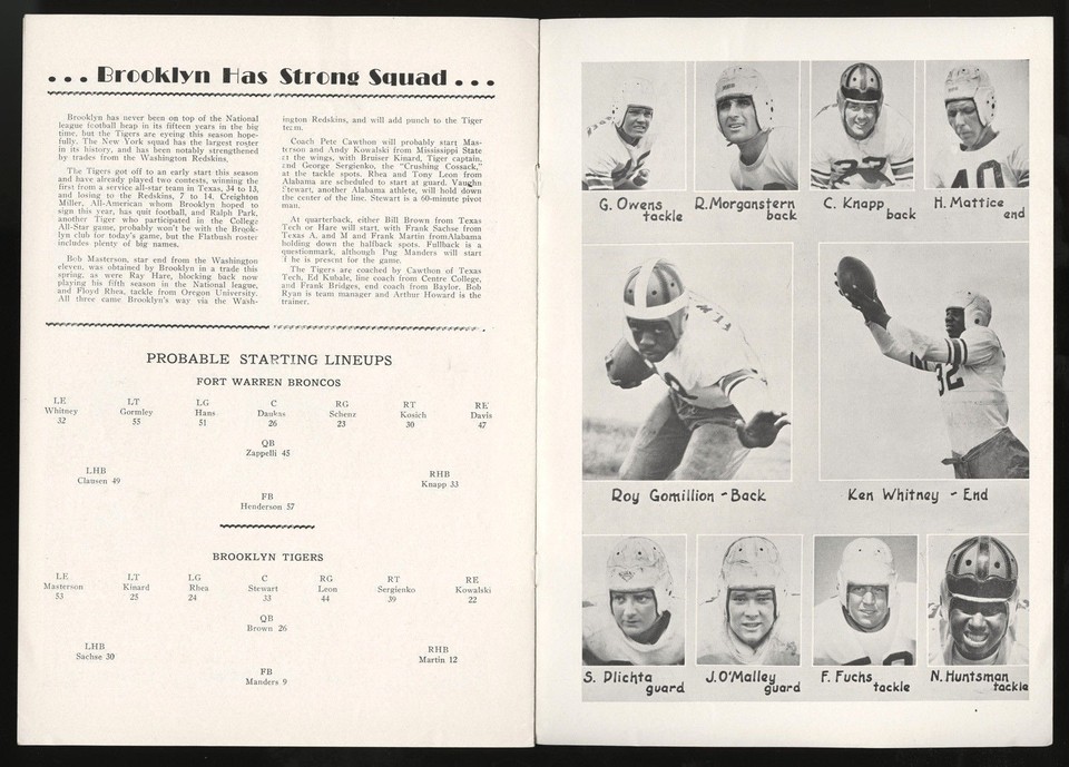 1944 FORT WARREN BRONCOS BROOKLYN TIGERS 1ST AFRICAN AMERICANS NFL GAME ...