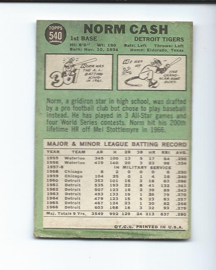 1967 Topps high number Norm Cash 540 | eBay
