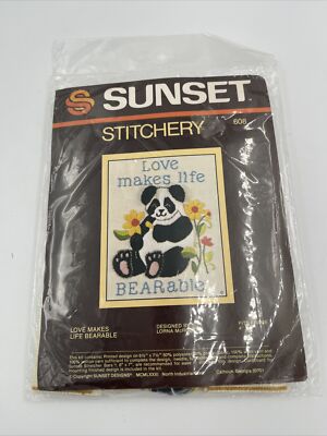 NEW Sunset Stitchery Love Makes Life BEARable Panda Bear Flowers ...