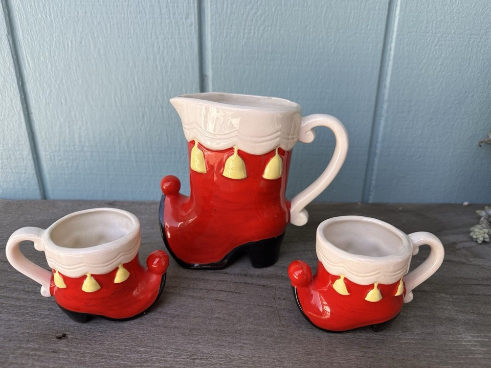 Vintage Elf Santa Claus Boot Mugs and Pitcher Christmas Cups Decor ...