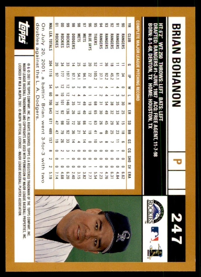 2002 TOPPS #247 BRIAN BOHANON COLORADO ROCKIES | eBay