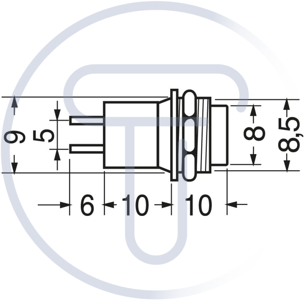Pulsante unipolare con tasto nero con contatto normalmente chiuso, foro ...