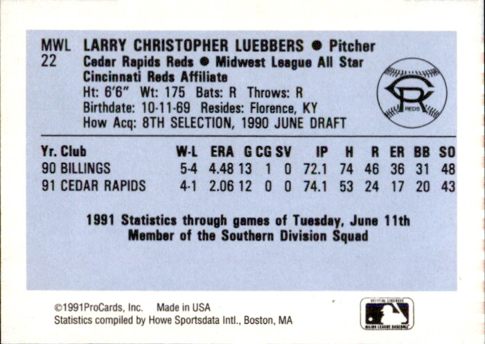 1991 Midwest League All-Stars ProCards MWL22 Larry Luebbers Florence ...