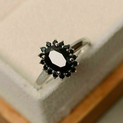3Ct Oval Lab Created Black Diamond Halo Engagement Ring In 14K White ...