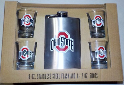 OHIO STATE BUCKEYES STAINLESS STEEL 8 oz FLASK & 4 SHOT GLASS SET NIP ...