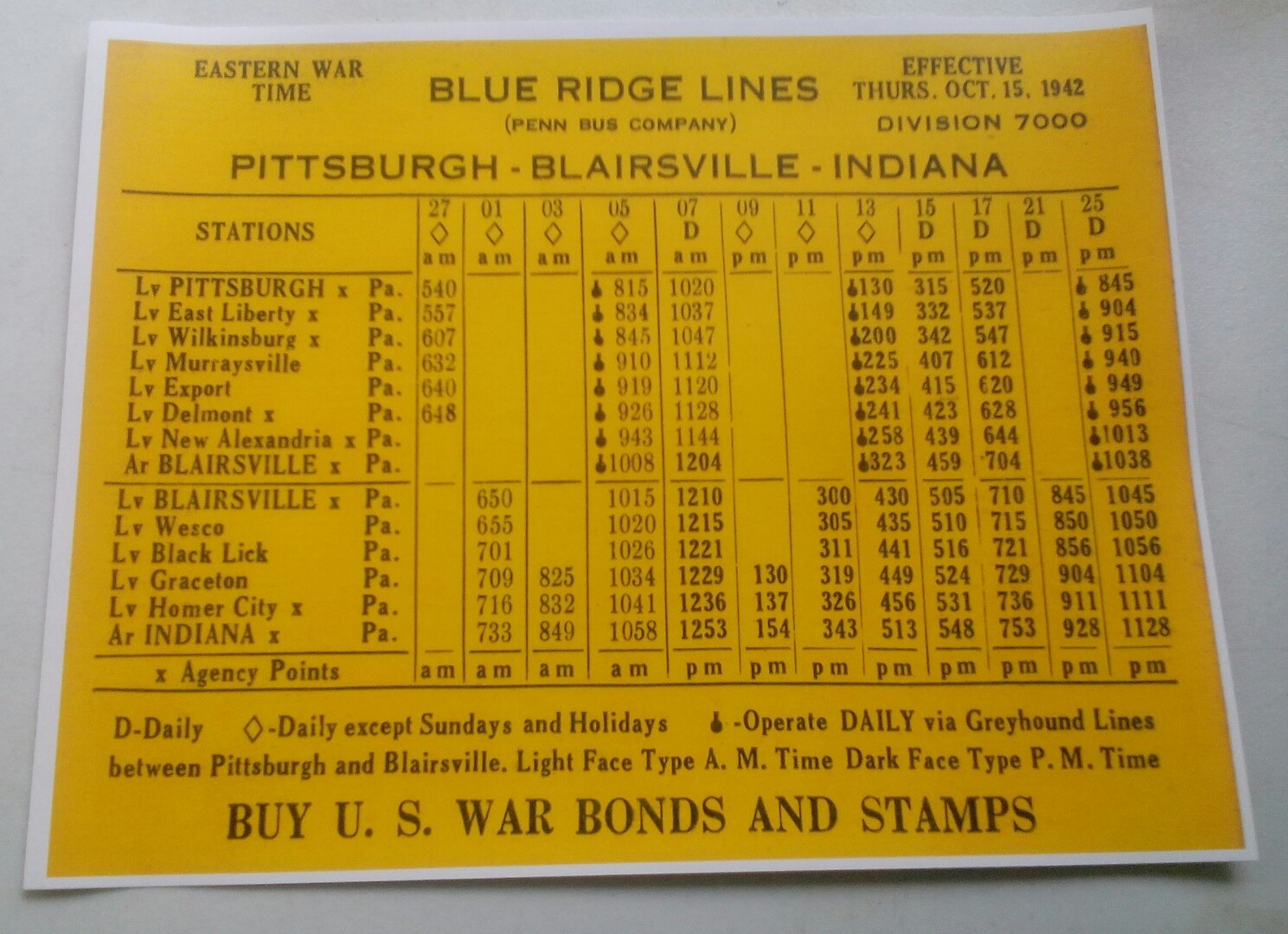 1942 Blue Ridge Bus Schedule Pittsburgh Blairsville Indiana Delmont ...