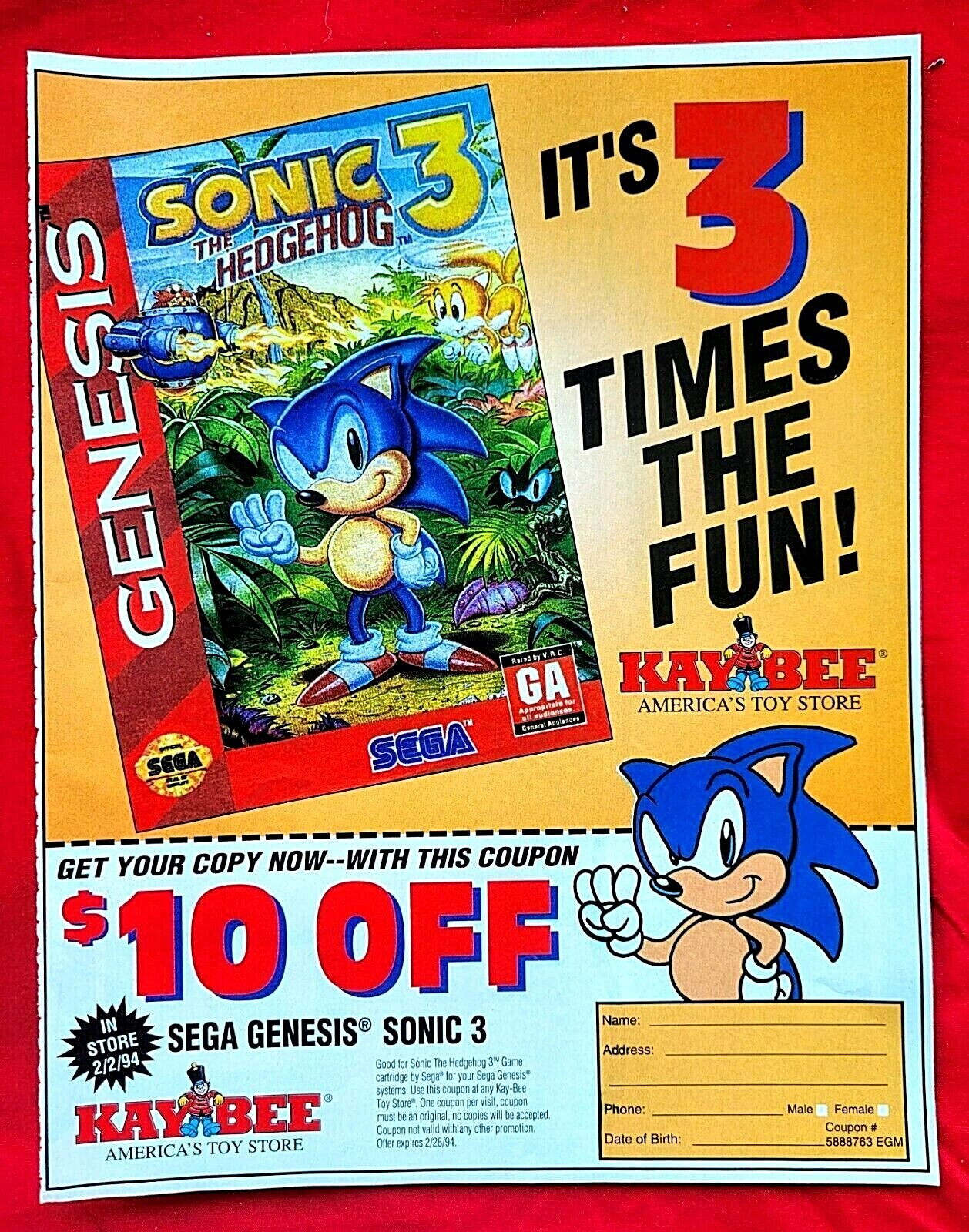 1993 SONIC THE HEDGEHOG 3 Sega Video Game Promo Art PRINT AD KAYBEE ...