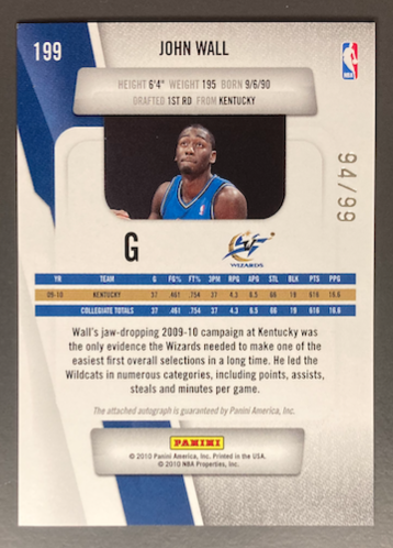 JOHN WALL 2010-11 PANINI PRESTIGE BONUS SHOTS BLACK ROOKIE AUTO 94/99 ...
