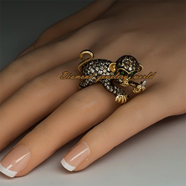 Stunning 5.29ctw Rose Cut Diamond Emerald Silver Victorian Monkey Ring ...