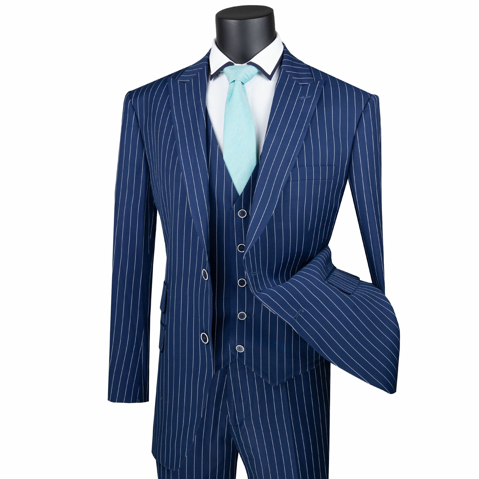 VINCI Men's Blue Gangster Stripe 3 Piece 2 Button Classic Fit Suit NEW ...