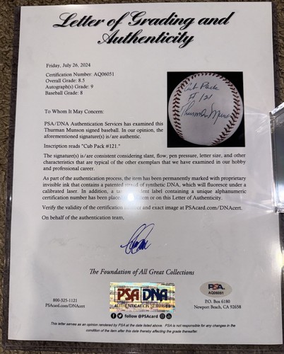 Thurman Munson Signed/Autographed American League MLB Baseball JSA/PSA ...