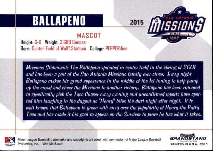 2015 San Antonio Missions Grandstand #30 Ballapeno MASCOT - NM Baseball ...