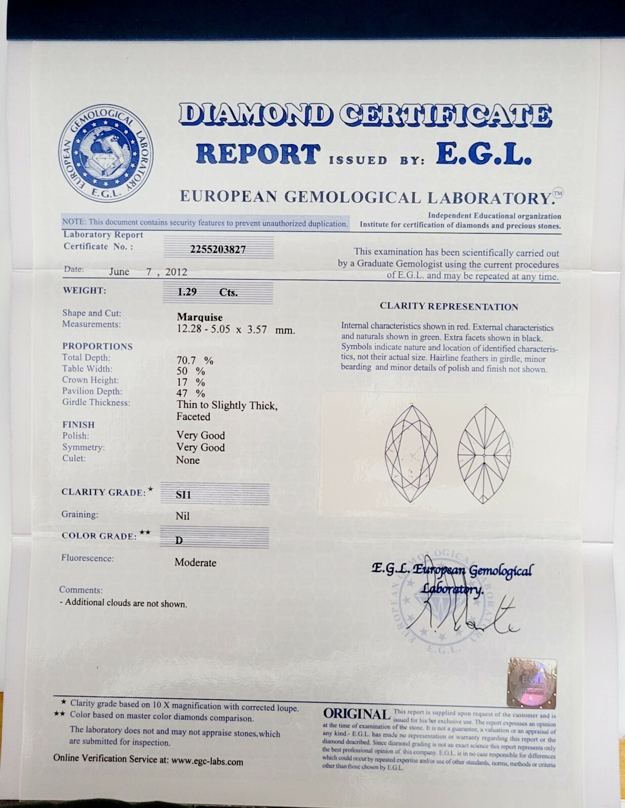 EGL Certificate 1.29ct Marquise Shape Excellent Cut Diamond D Color Si1 ...