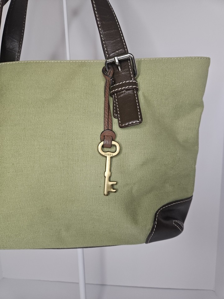 FOSSIL GREEN CANVAS BAG WITH BROWN LEATHER TRIM AND BROWN LINING | eBay