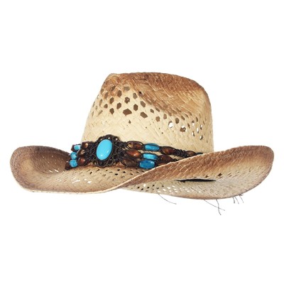 Straw Cowboy Hat Bend Brim Fedora Hat Faux Turquoise Belt Brown | eBay