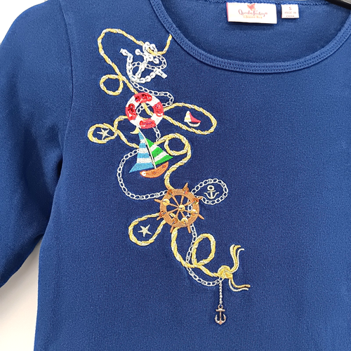 Quacker Factory Shirt Women Small Blue Embroidered 3/4 Sleeve Nautical ...