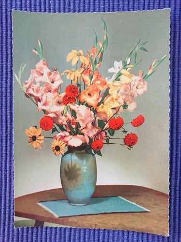 Vintage Postcard AK Flower Bouquet Ceramic Vase 50s Gladiolus Flowers ...