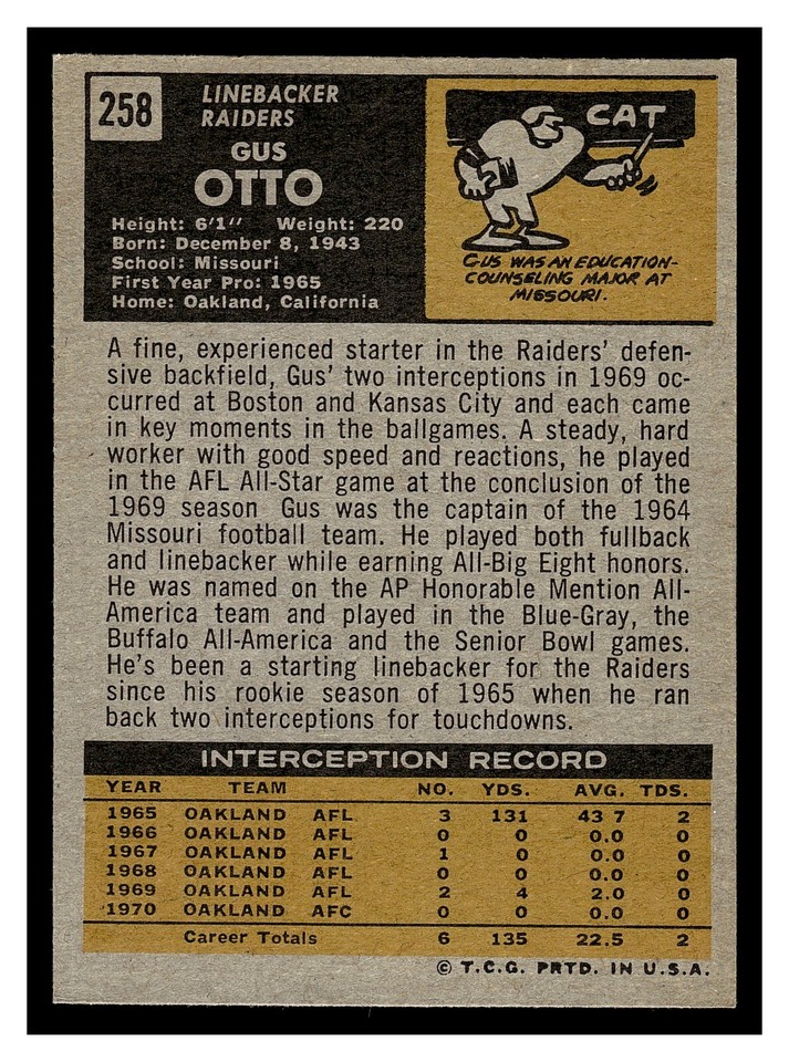 1971 TOPPS FOOTBALL GUS OTTO #258 OAKLAND RAIDERS HIGH GRADE NO CREASES ...
