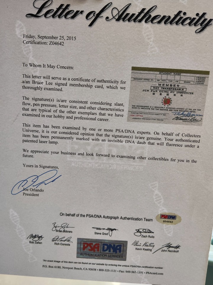 🔥🔥BRUCE LEE autographed signed Jun Fan Institute member card PSA/DNA LOA 🔥🔥 | eBay