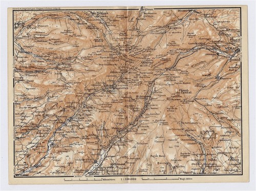 1914 ANTIQUE MAP OF VICINITY OF MURAT CANTAL MOUNTAINS / AUVERGNE ...