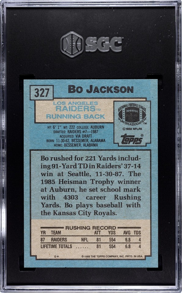 1988 TOPPS BO JACKSON BASEBALL SUPER ROOKIE #327 RC SGC 8.5 | eBay