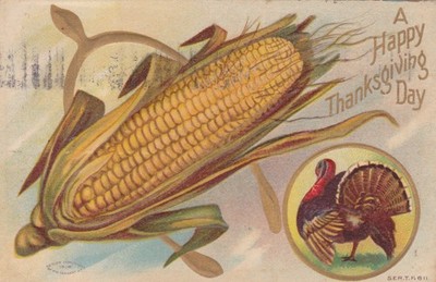 "A Happy Thanksgiving Day" Inset of Turkey, Corn, wishbone gilt accents ...