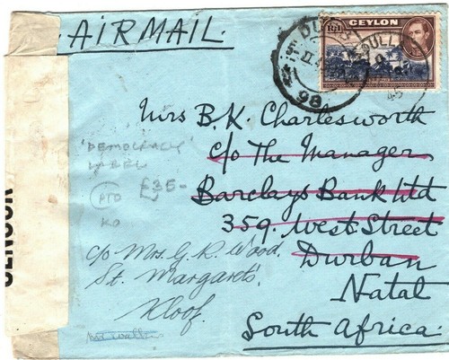 CEYLON WW2 Cover Badulla CENSOR South Africa SCARCE *DEMOCRACY* LABEL ...
