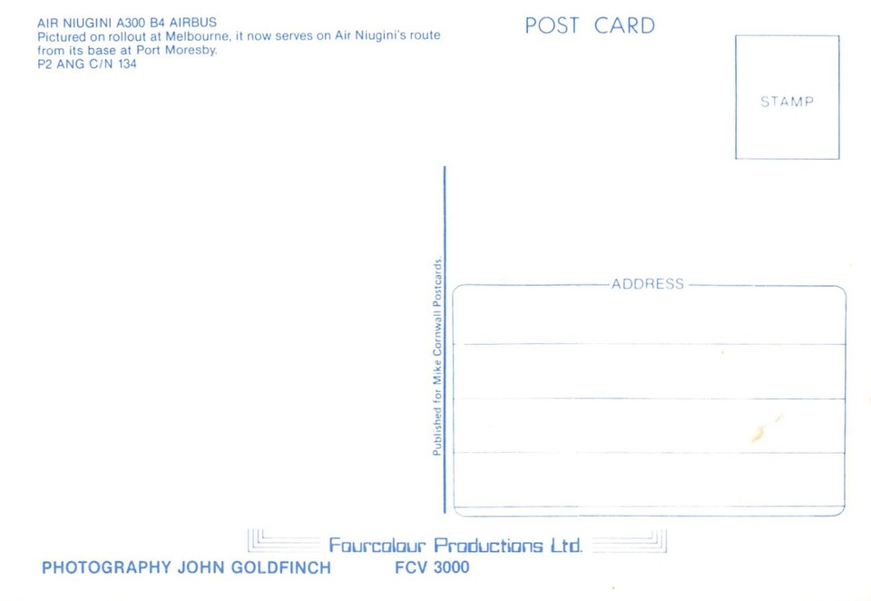 Postcard Airline AIR NIUGINI A300 B4 Airbus FCV 3000 at Melbourne CC7 ...