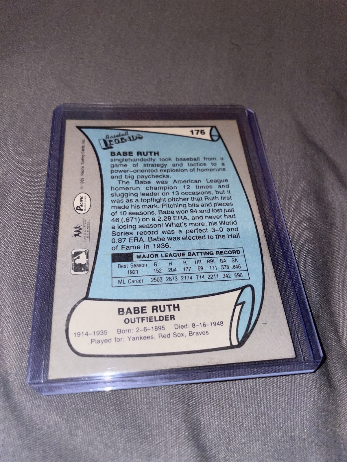 1989 Pacific Baseball Legends 2nd Series - #176 Babe Ruth for sale ...