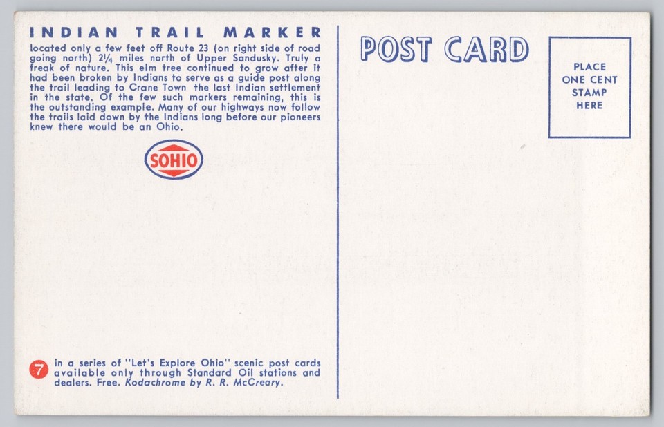 Indian Trail Marker Tree Postcard SOHIO Standard Oil Upper Sandusky ...