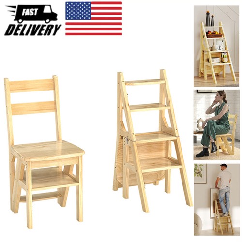 3-in-1 Convertible Step Stool Wood Folding Ladder Chair 4 Step Ladder 4 ...