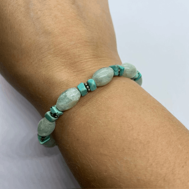 Fun Quartz, Turquoise & Sterling Silver Beaded 6.75" Stretch Bracelet ...
