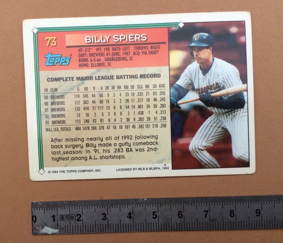 1994 TOPPS Carte BASEBALL n° 73 BILLY SPIERS BREWERS Trading Card | eBay
