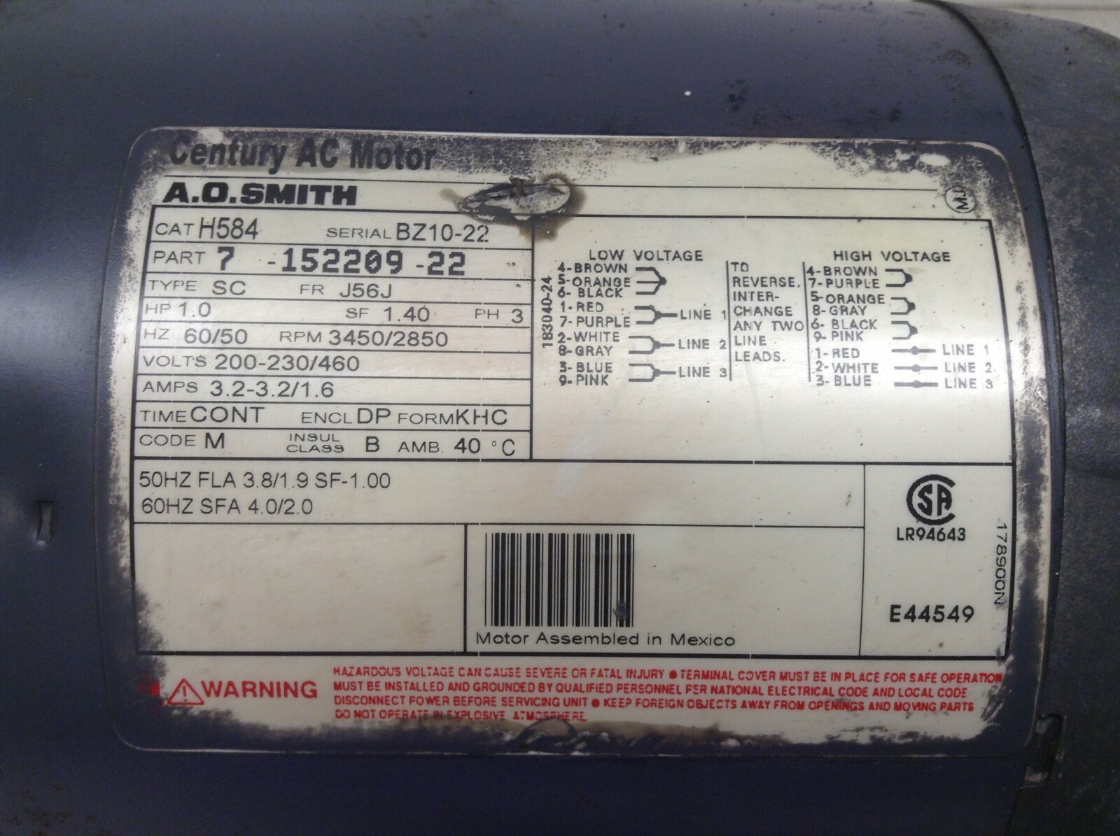 A.O. Smith Scot 1211 11 Pump H584 1 HP 3450/2850 RPM 208-230/460 VAC ...