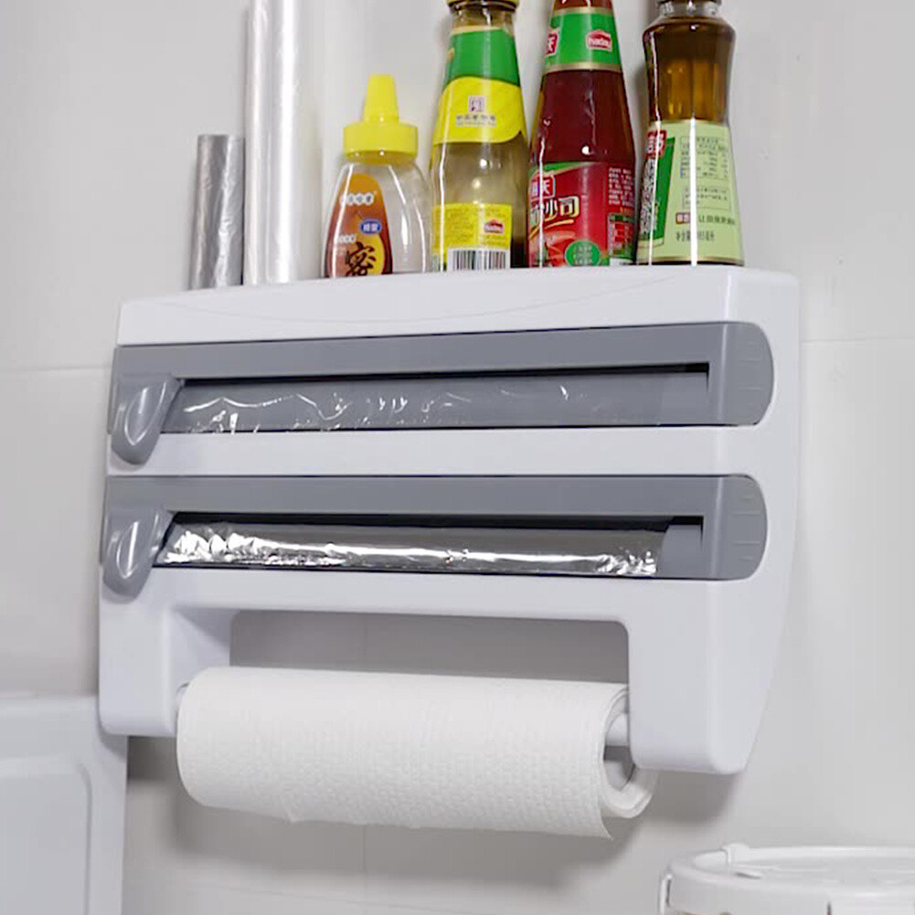 Kitchen Cling Film Tin Foil Dispenser Paper Towel Roll Holder Rack Wall ...