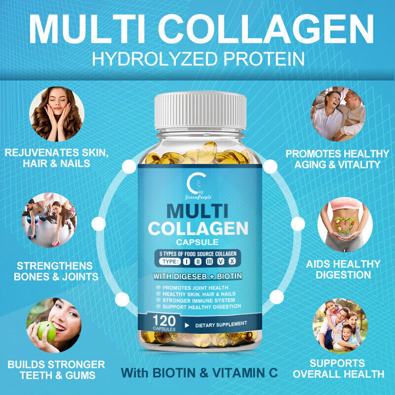 Multi Collagen Peptides-120 Capsules-Type I,II,III,V,X Anti-Aging ...
