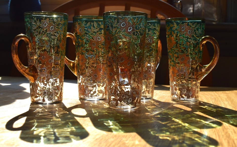 Moser Glass Green to Clear Gold Gilded Liqueur Cups w/ Handles Set of 5 ...