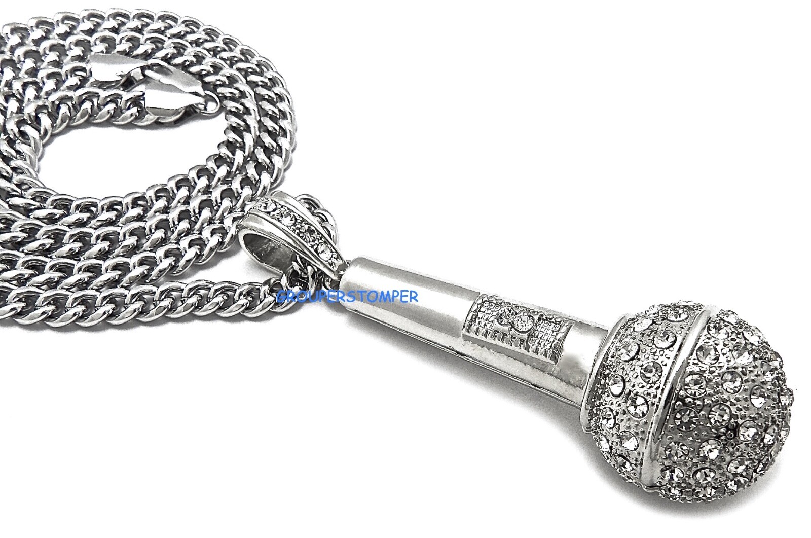 Microphone Necklace Rhinestone Pendant with Cuban Link Chain Mic DJ | eBay