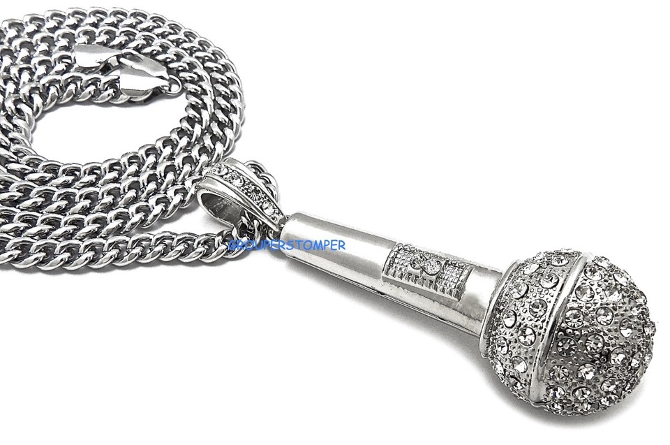 Microphone Necklace Rhinestone Pendant with Cuban Link Chain Mic DJ | eBay