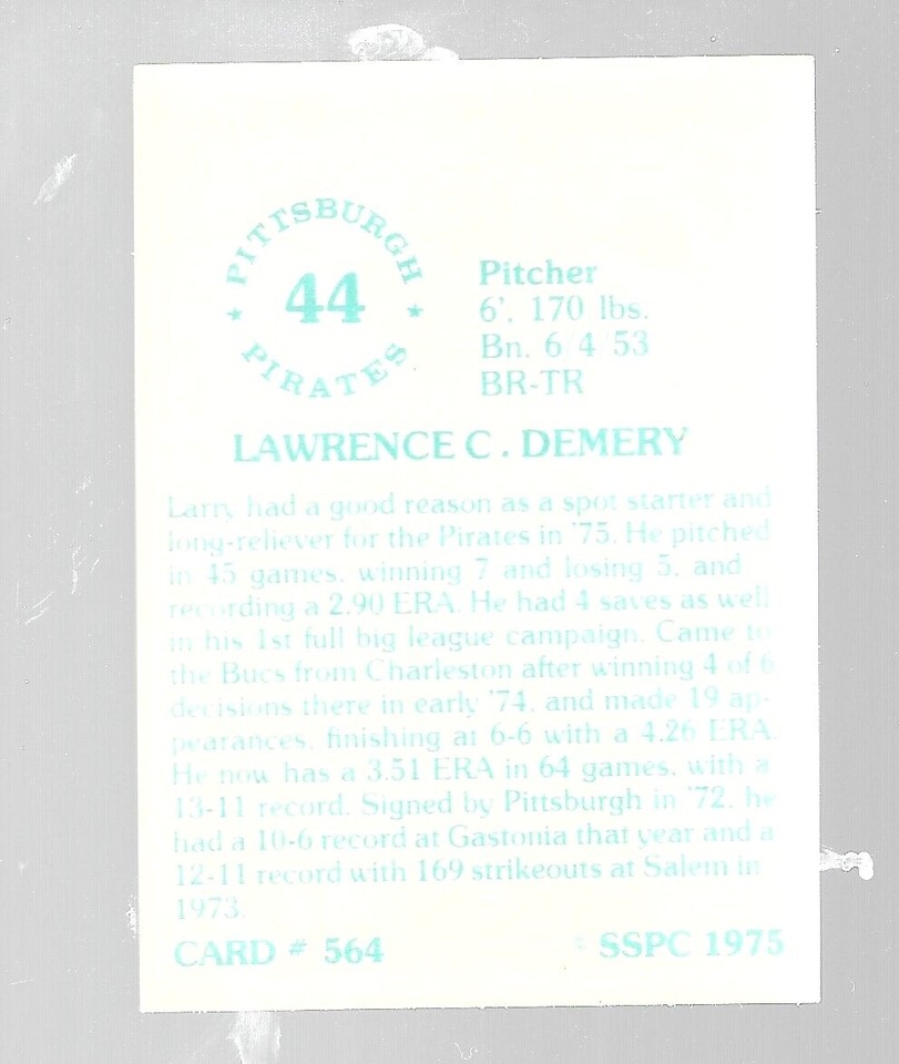 1976 SSPC Larry Demery 564 Pittsburgh Pirates Baseball Card | eBay