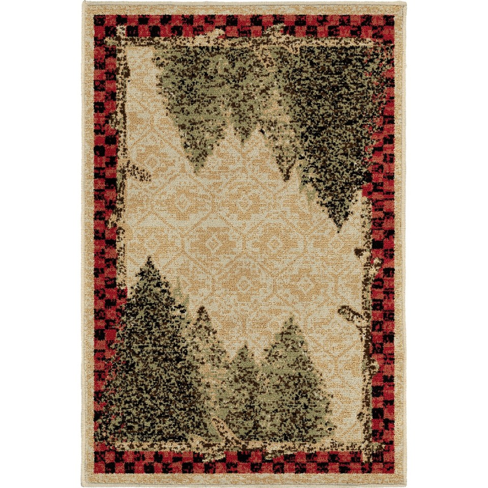 Forest Area Rug Lodge Cabin Pine Cone Trees Red Beige Green *FREE ...